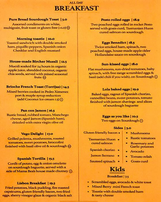 Menu at Lola Cafe, Seddon