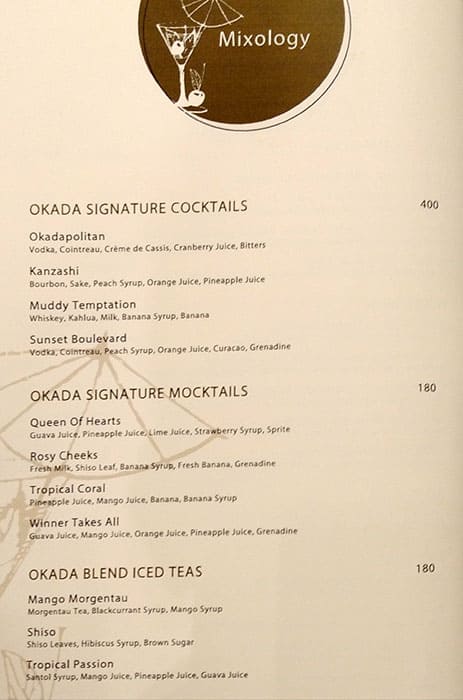 Menu at Okada Manila, Parañaque