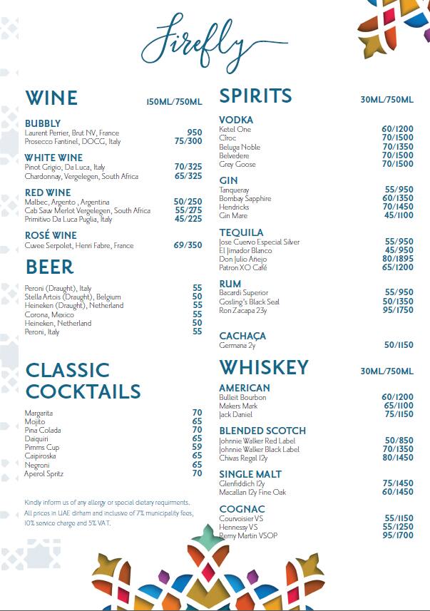 Menu at Firefly restaurant, Dubai, 7th Floor