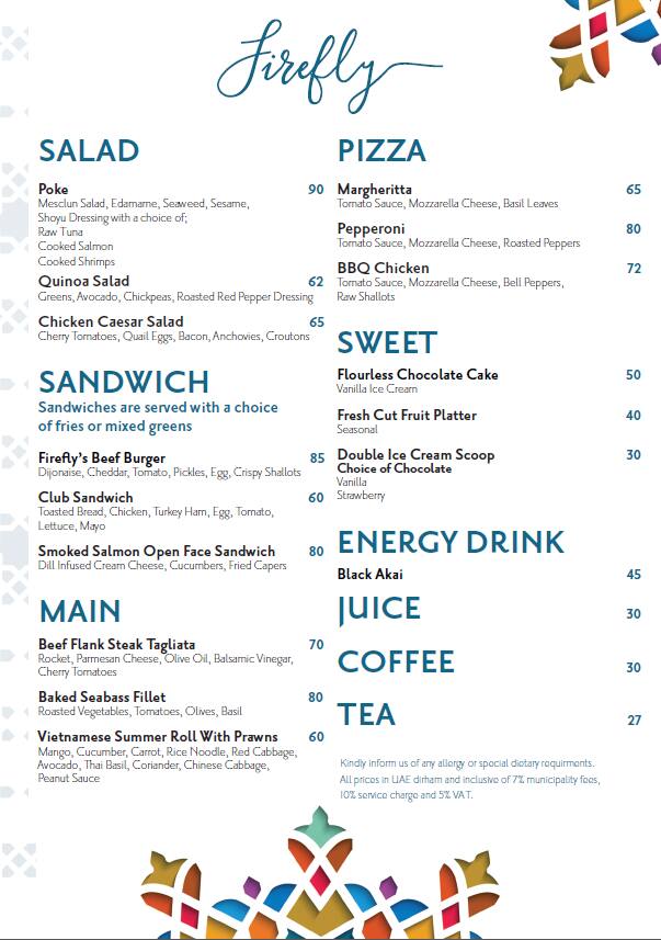 Menu at Firefly restaurant, Dubai, 7th Floor