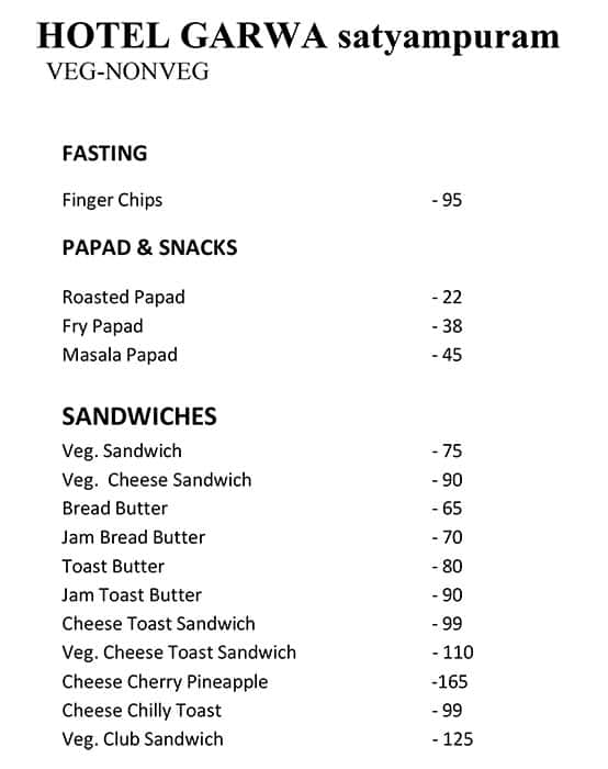 Menu of Hotel Garwa Satyampuram Veg Non-Veg, Hadapsar, Pune
