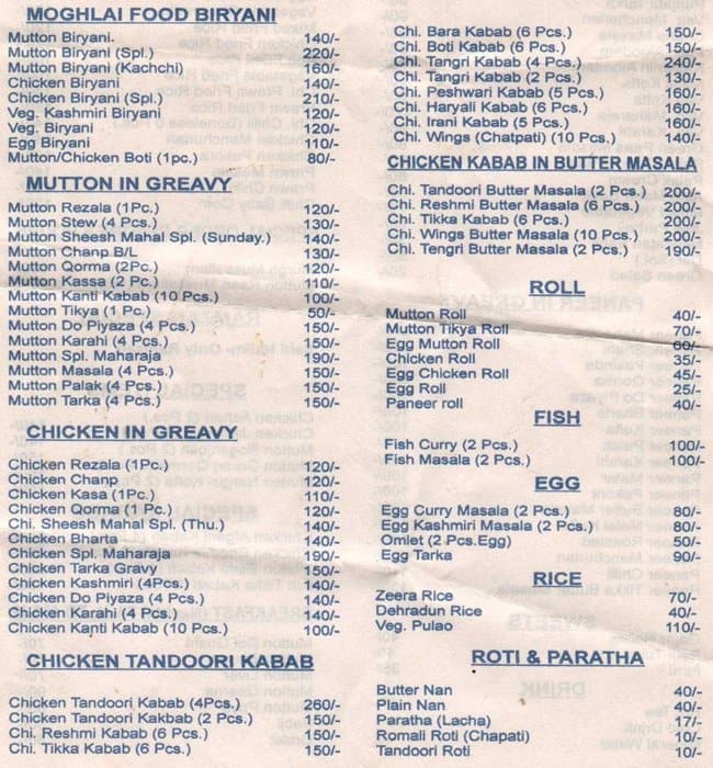 Sheesh Mahal Menu, Menu podniku Sheesh Mahal, Kidderpore, Kolkata - Zomato