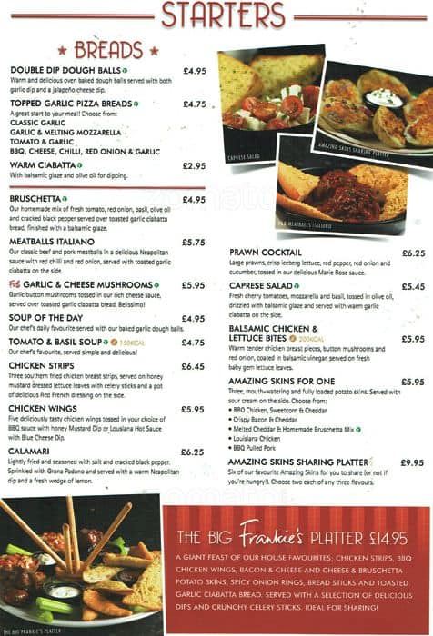 Menu at Frankie & Benny's restaurant, Manchester, 34 St Annes Rd