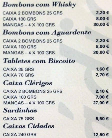 Menu at Arcadia restaurant, Lisbon, Rua António Pereira Carrilho