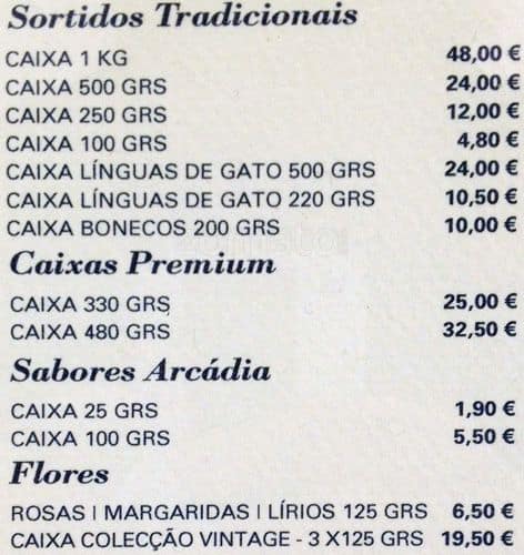 Menu at Arcadia restaurant, Lisbon, Rua António Pereira Carrilho