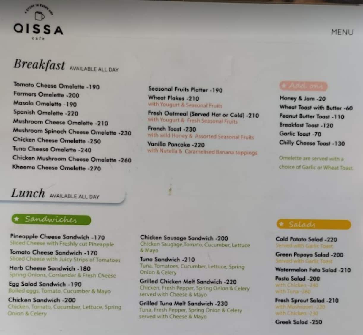 Menu of Qissa Cafe, Fort Kochi, Kochi