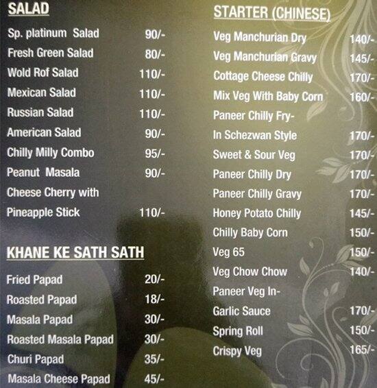 Menu at Platinum Restaurant, Ahmedabad