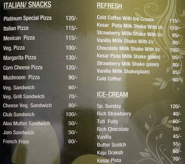 Menu at Platinum Restaurant, Ahmedabad