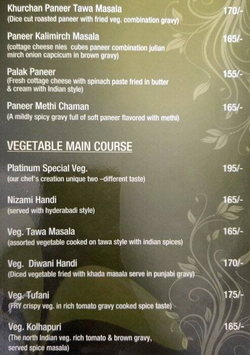 Menu at Platinum Restaurant, Ahmedabad