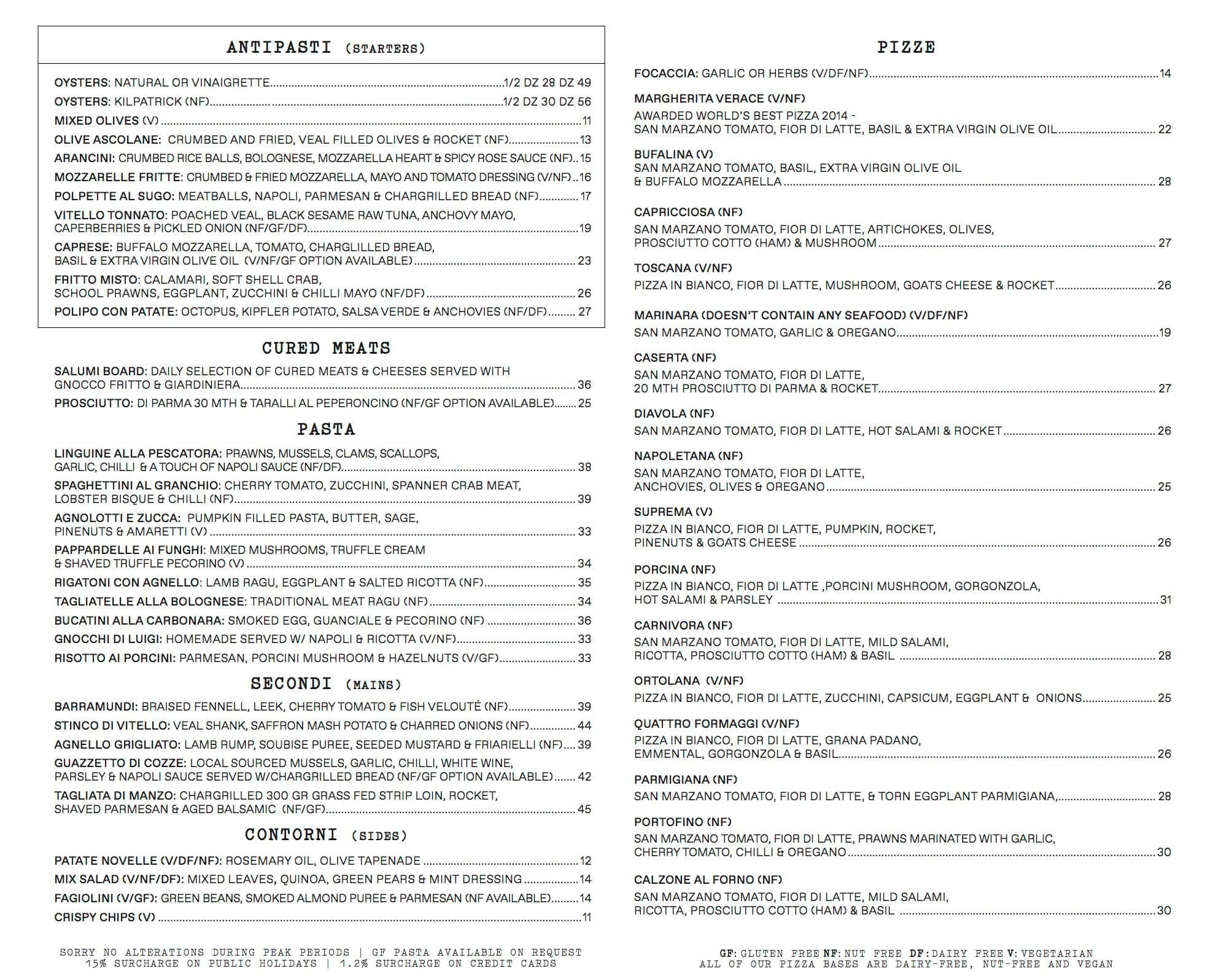 Menu at 400 Gradi pizzeria, Brunswick East, 99 Lygon St