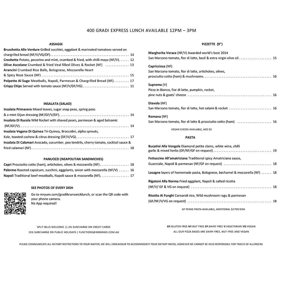 Menu at 400 Gradi - Brunswick restaurant, Brunswick East, 99 Lygon St