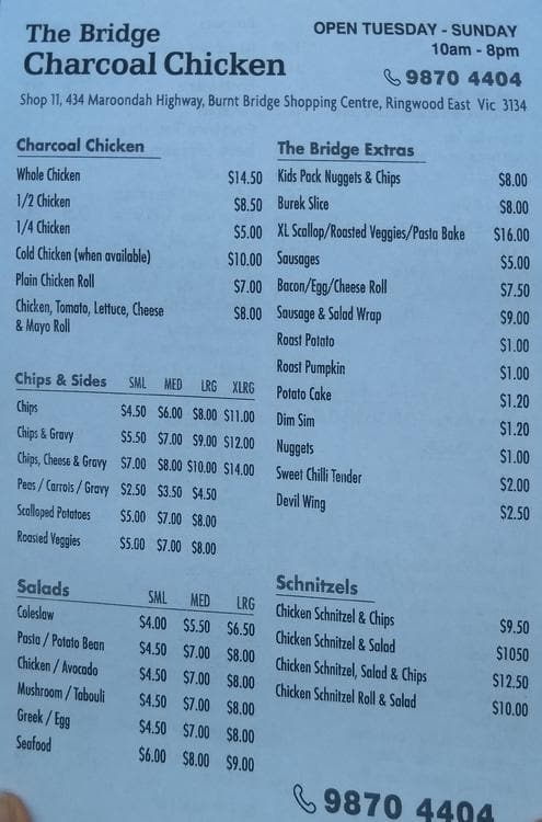 Menu at The Bridge Charcoal Chicken restaurant, Ringwood East