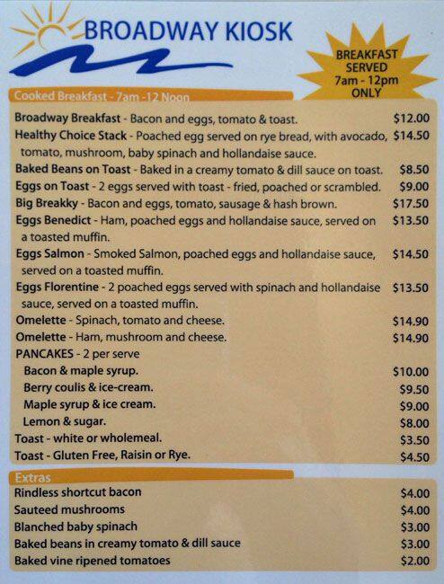 Menu at The Broadway Kiosk restaurant, Glenelg