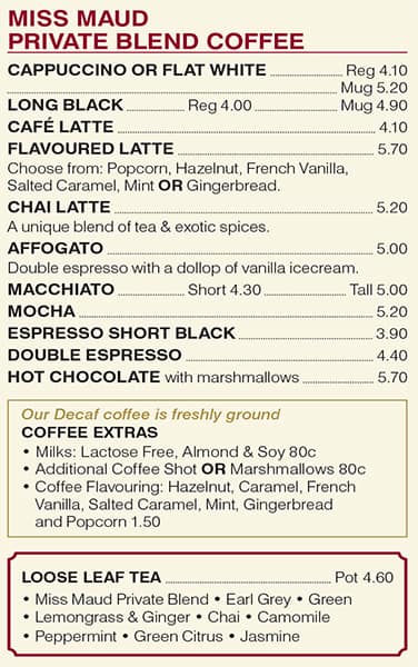 Menu at Miss Maud Pastry Shop 97 Murray St restaurant, Perth