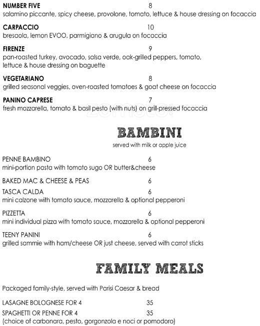 Menu at PARISI pizzeria, trattoria e vino, Denver