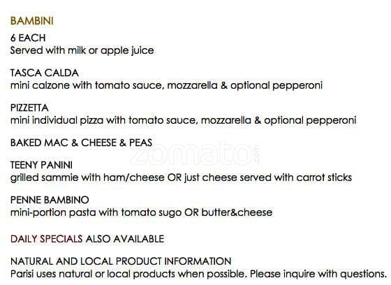 Menu at PARISI pizzeria, trattoria e vino, Denver