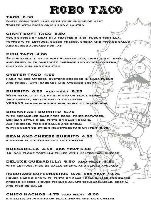 Menu at Robo Taco restaurant, Portland