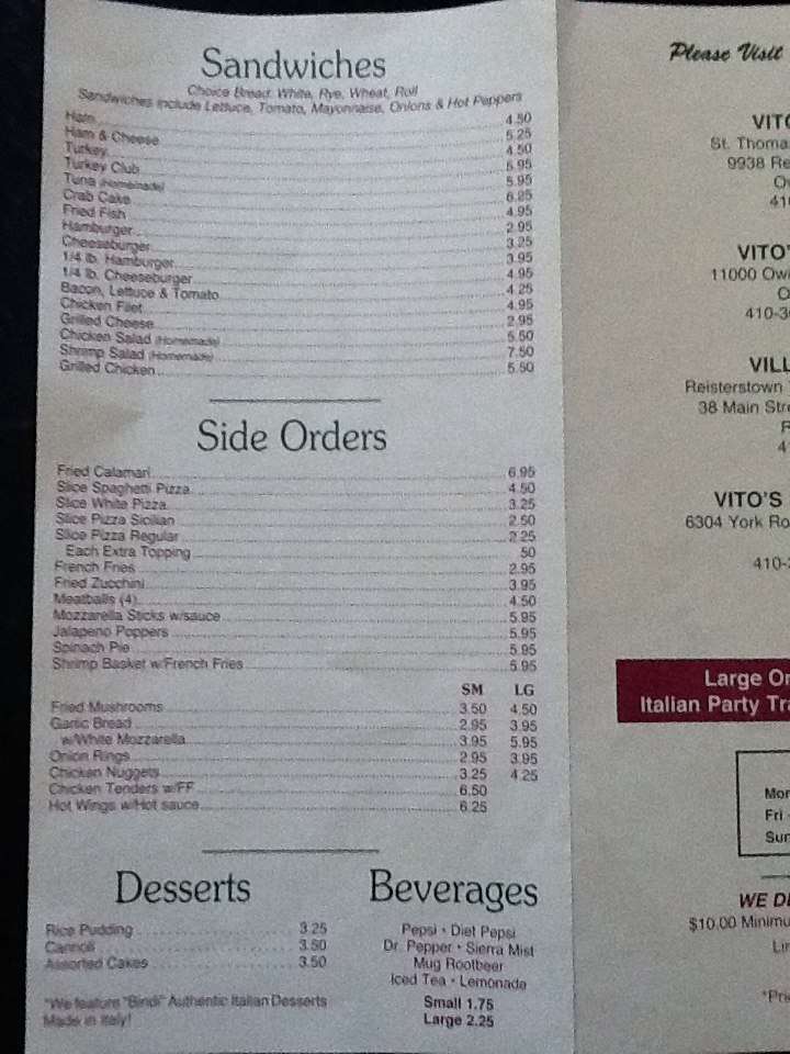 Menu at Vito's Gourmet pizzeria, Pikesville