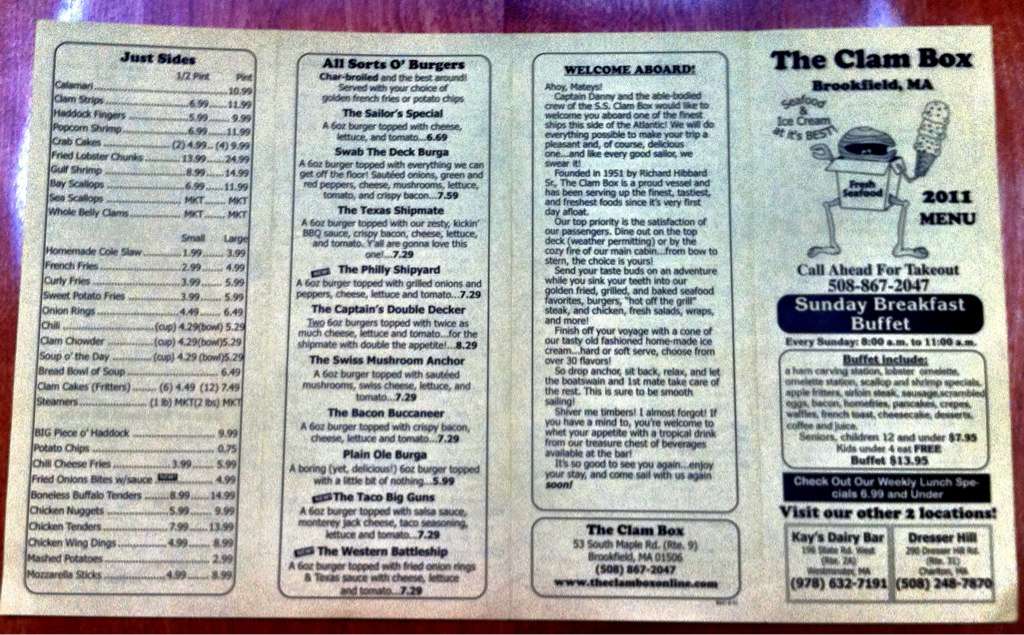 Menu at The Clam Box restaurant, Brookfield, 53 S Maple St