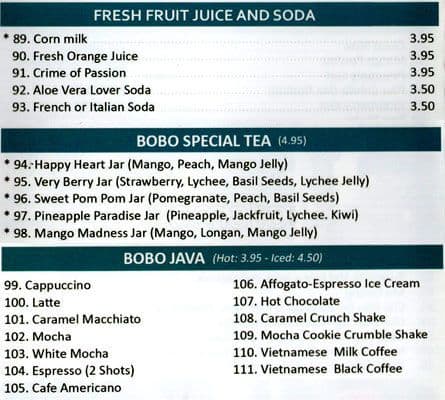 Menu at Bobo Drinks desserts, San Jose, 779 Story Rd