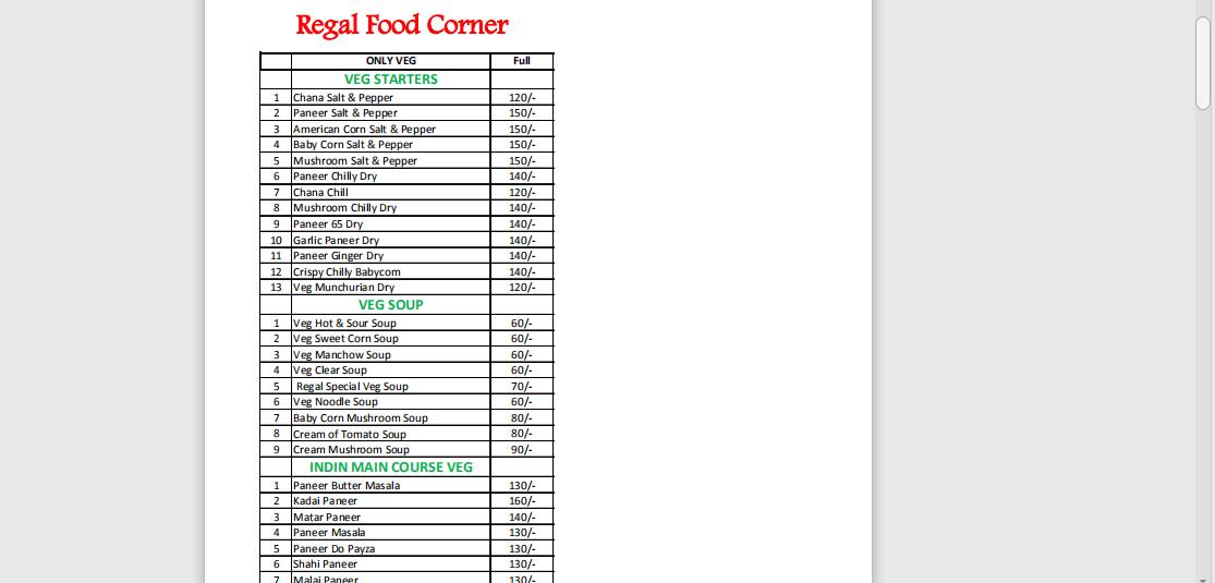 Menu at Regal, Jamshedpur