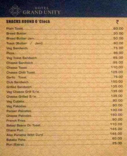 Menu at Hotel Grand Unity, Rajoda