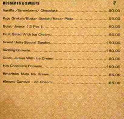 Menu at Hotel Grand Unity, Rajoda