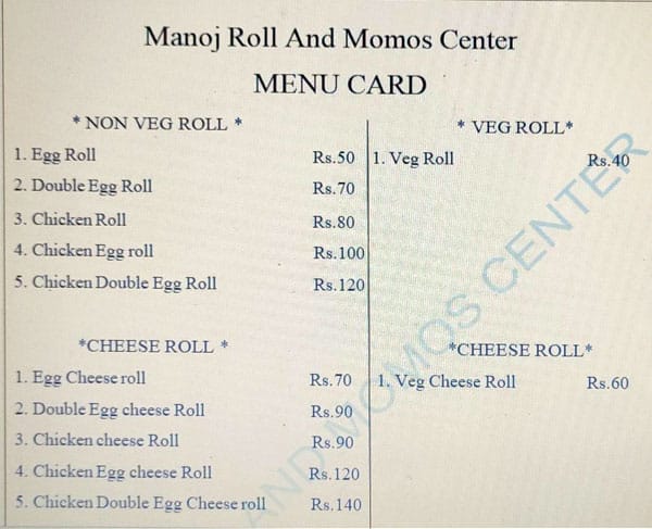 Menu of Manoj Roll & Momos Center, Kalyan, Thane