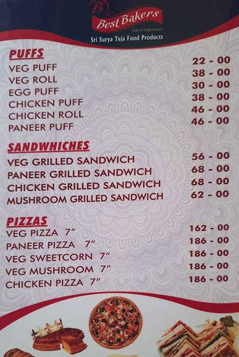Menu at Best Bakers, Visakhapatnam