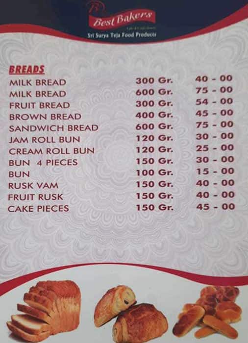 Menu at Best Bakers, Visakhapatnam