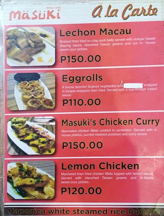 Menu at Masuki restaurant, Manila, Reina Regente St