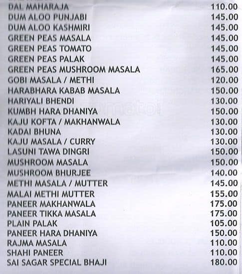 Menu at Sai Sagar, Pune, Shop 156