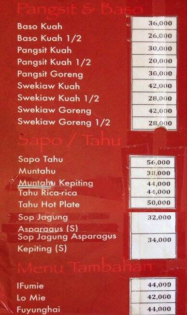 Menu at Bakmi Permata restaurant, Jakarta, Jln. M.H. Thamrin No. 11
