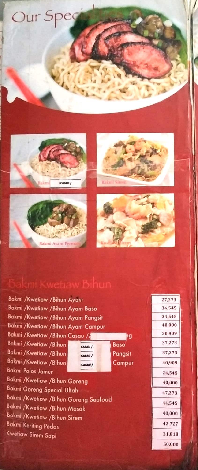 Menu at Bakmi Permata restaurant, Jakarta, Kebon jeruk