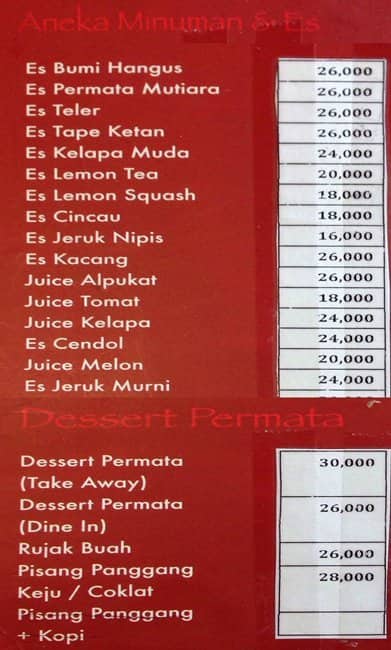 Menu at Bakmi Permata restaurant, Jakarta, Jln. M.H. Thamrin No. 11