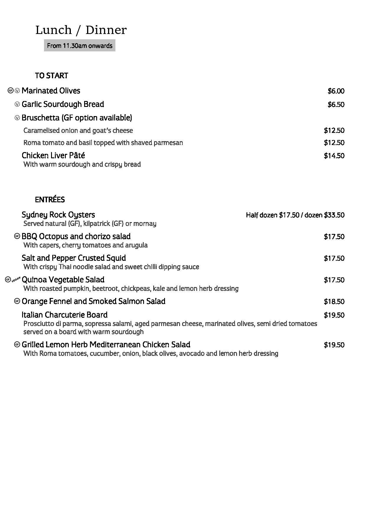 Menu at The Watershed Kitchen restaurant, Drummoyne, 1 Henley Marine Dr