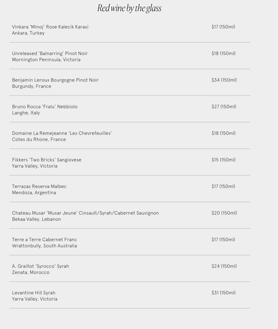 Menu at Maha restaurant, Melbourne