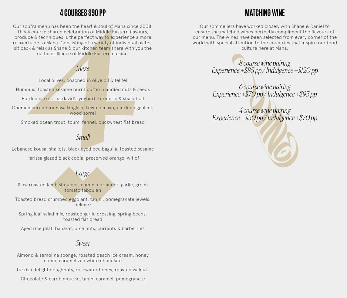 Menu at Maha restaurant, Melbourne