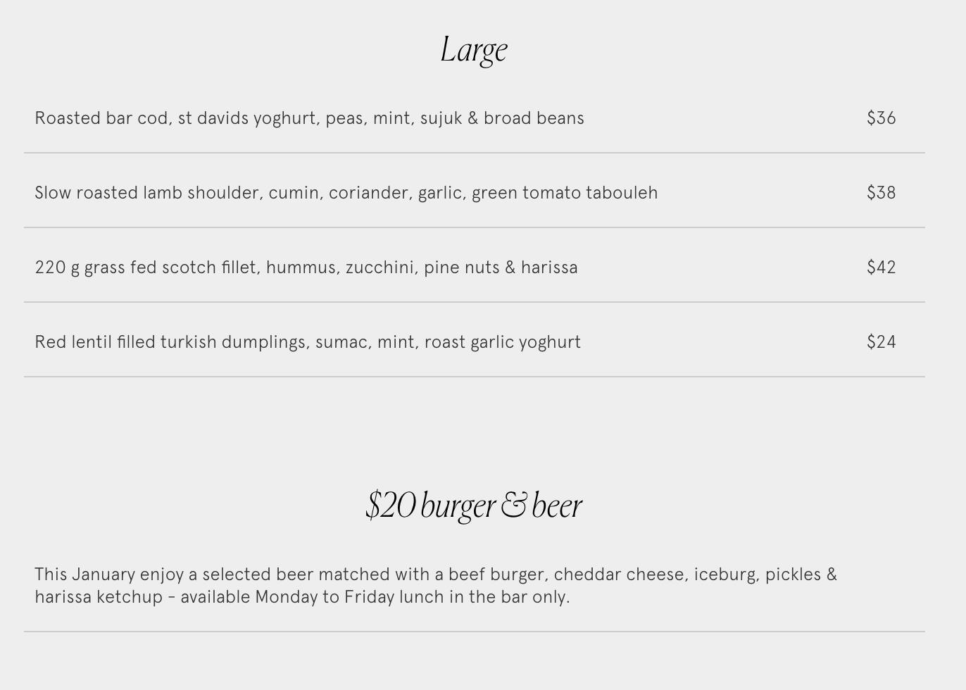 Menu at Maha restaurant, Melbourne