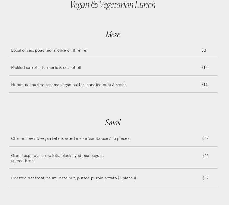 Menu at Maha restaurant, Melbourne