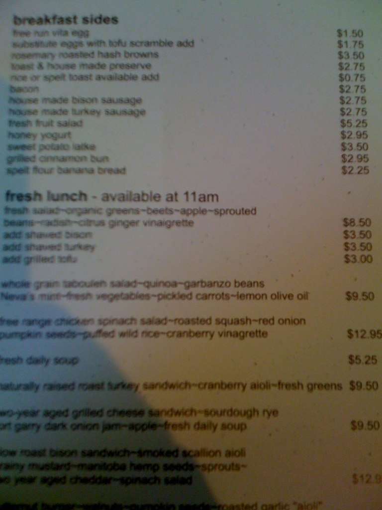 Menu at Fresh Cafe, Winnipeg, 775 Corydon Ave