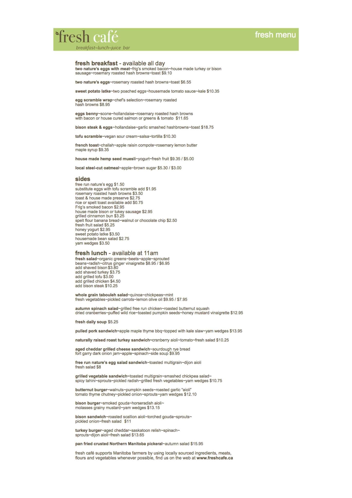 Menu at Fresh Cafe, Winnipeg, 775 Corydon Ave