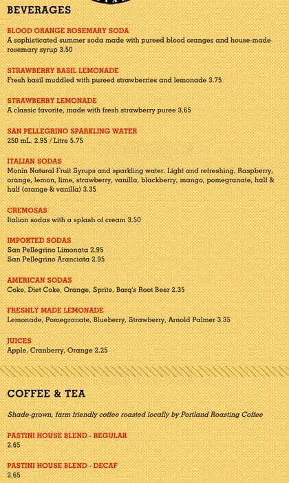 Menu at Pastini restaurant, Tigard, SW Bridgeport Rd B-105