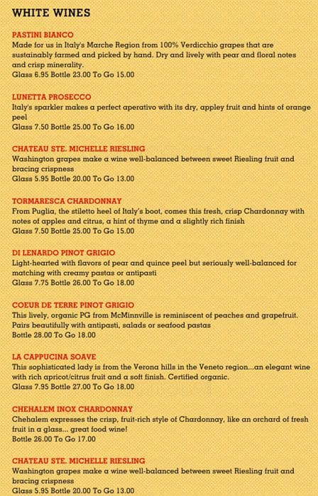 Menu at Pastini restaurant, Tigard, SW Bridgeport Rd B-105