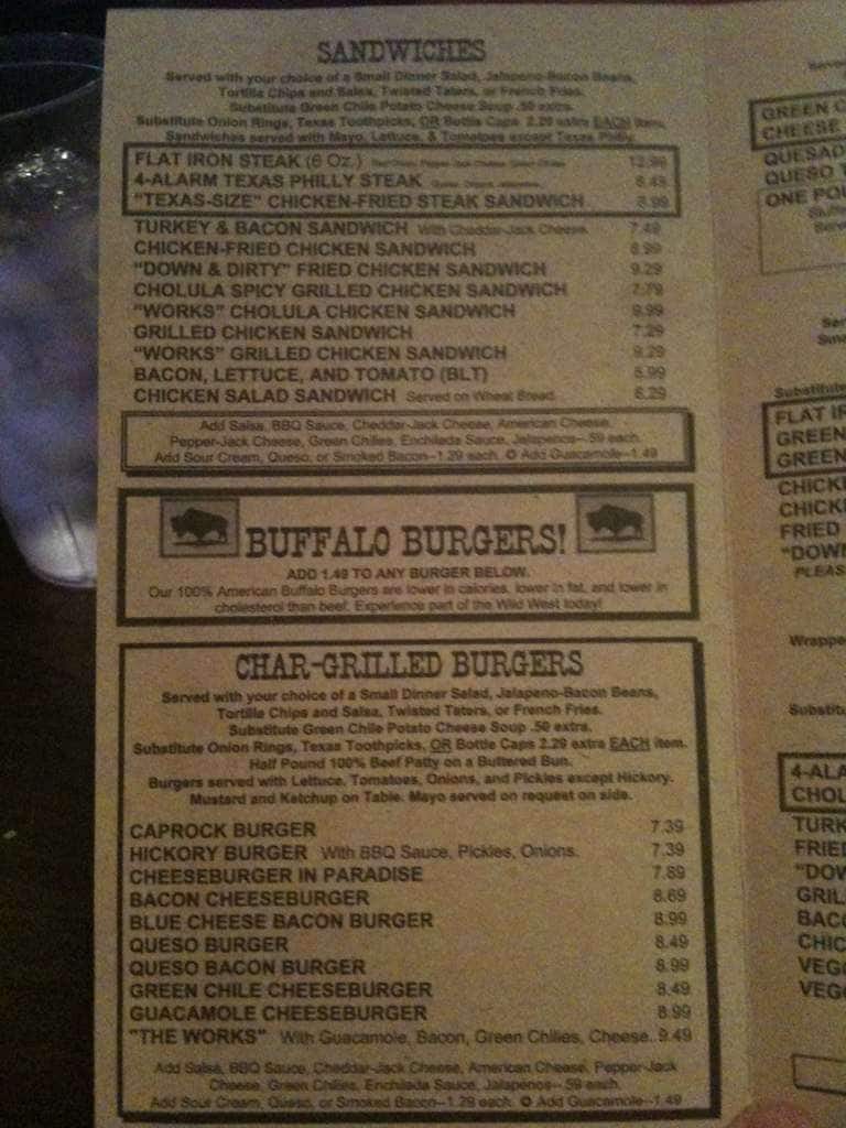 Menu at CapRock Cafe, Lubbock, 34th St