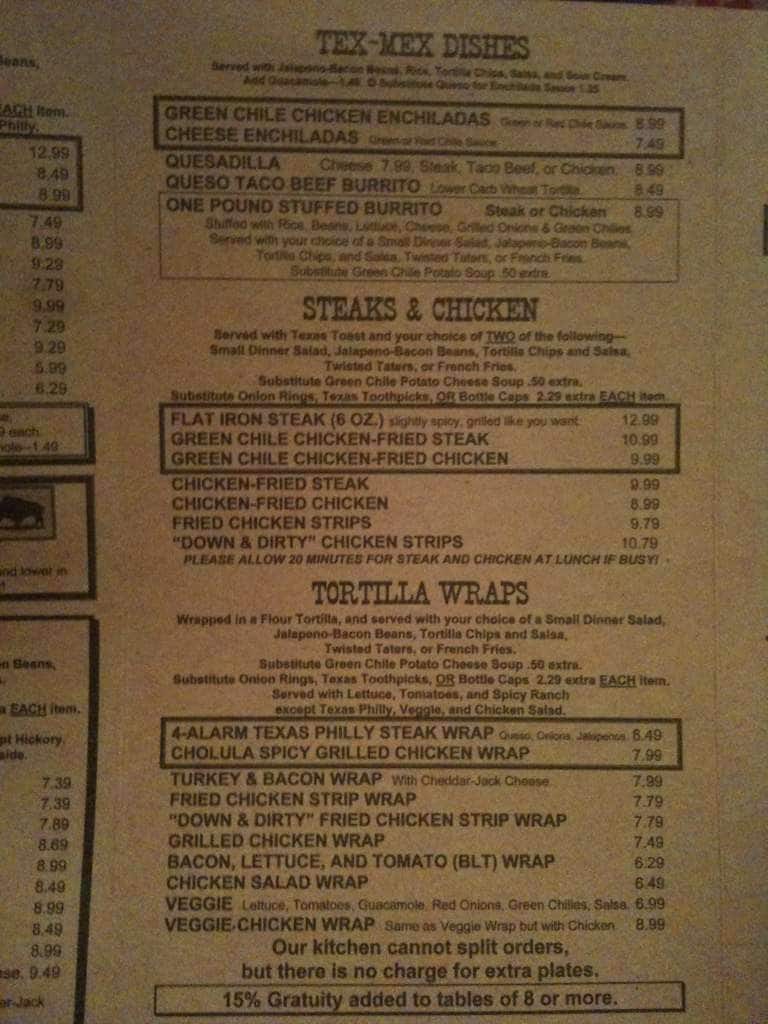 Menu at CapRock Cafe, Lubbock, 34th St