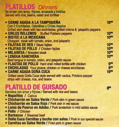 Menu at Carniceria Aguascalientes restaurant, Chicago, W 26th St