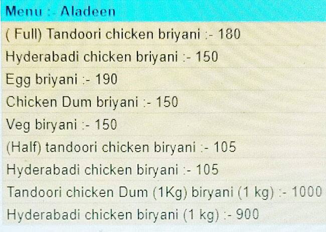 Menu of Aladeen, Viman Nagar, Pune