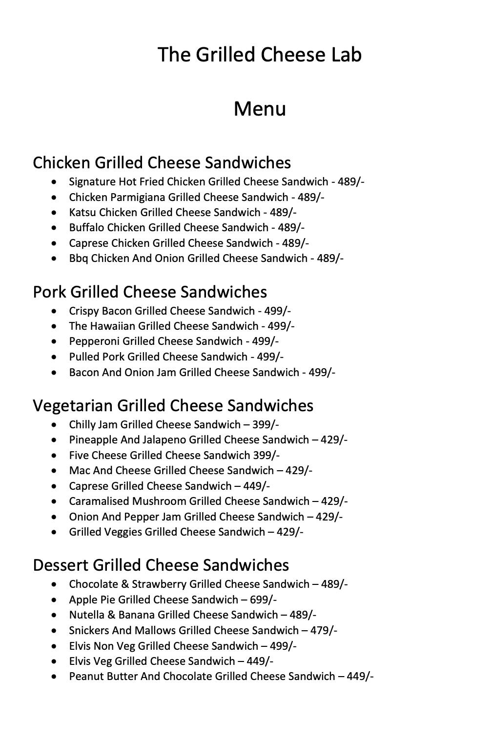 Menu at The Grilled Cheese Lab, Gurugram