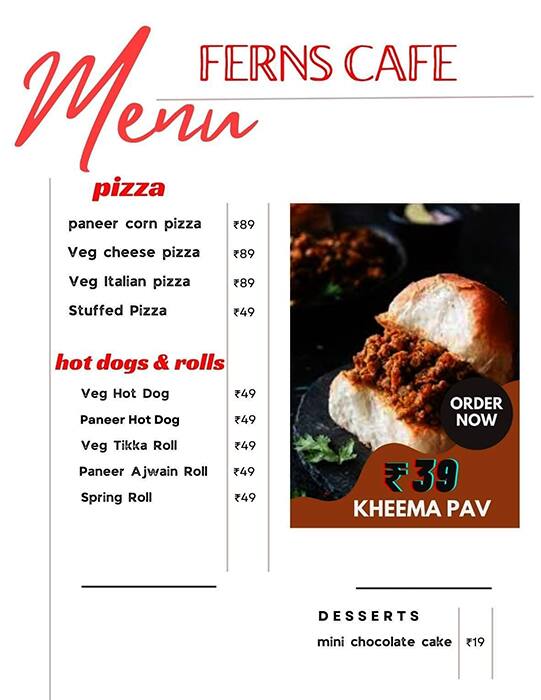 Menu of Ferns Cafe, Chinchwad, Pune